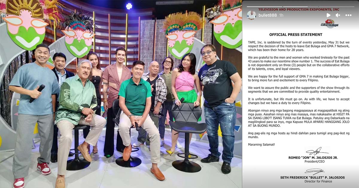 TAPE Inc. releases statement day after the departure of Tito, Vic and Joey; other hosts, staff ...
